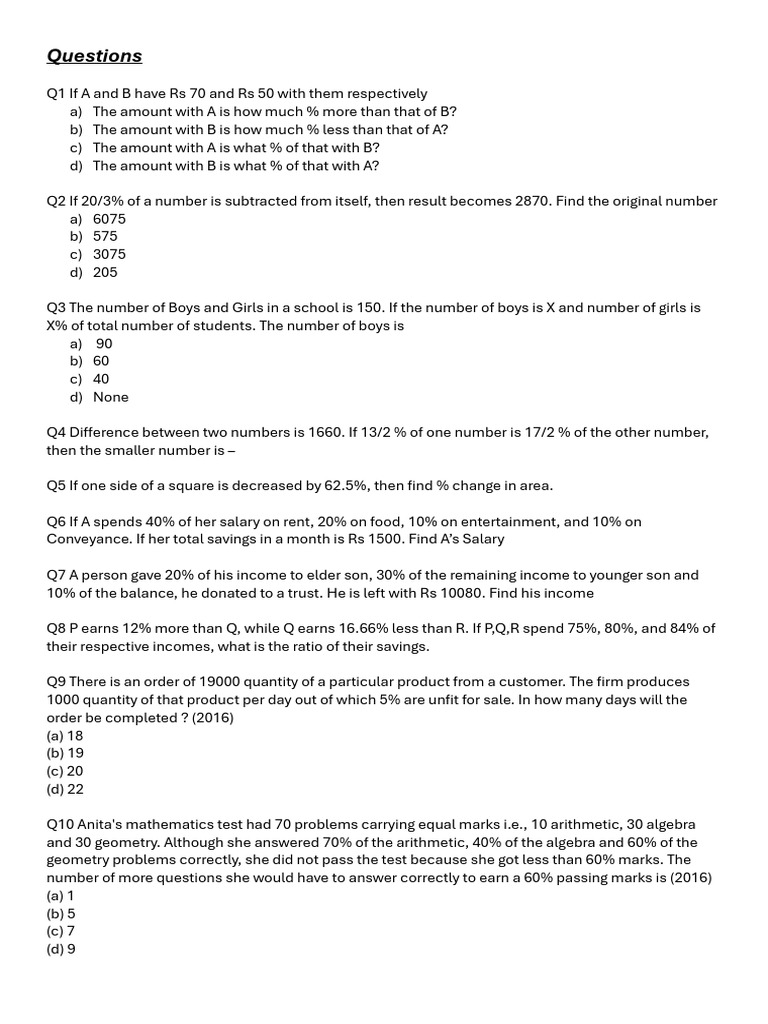 Percentage Practice Questions | PDF | Interest | List Price