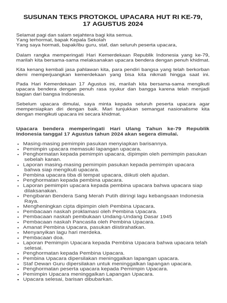 Susunan Teks Protokol Upacara Hut Ri Ke 79 SMP Negeri 2 Lembor Selatan | PDF