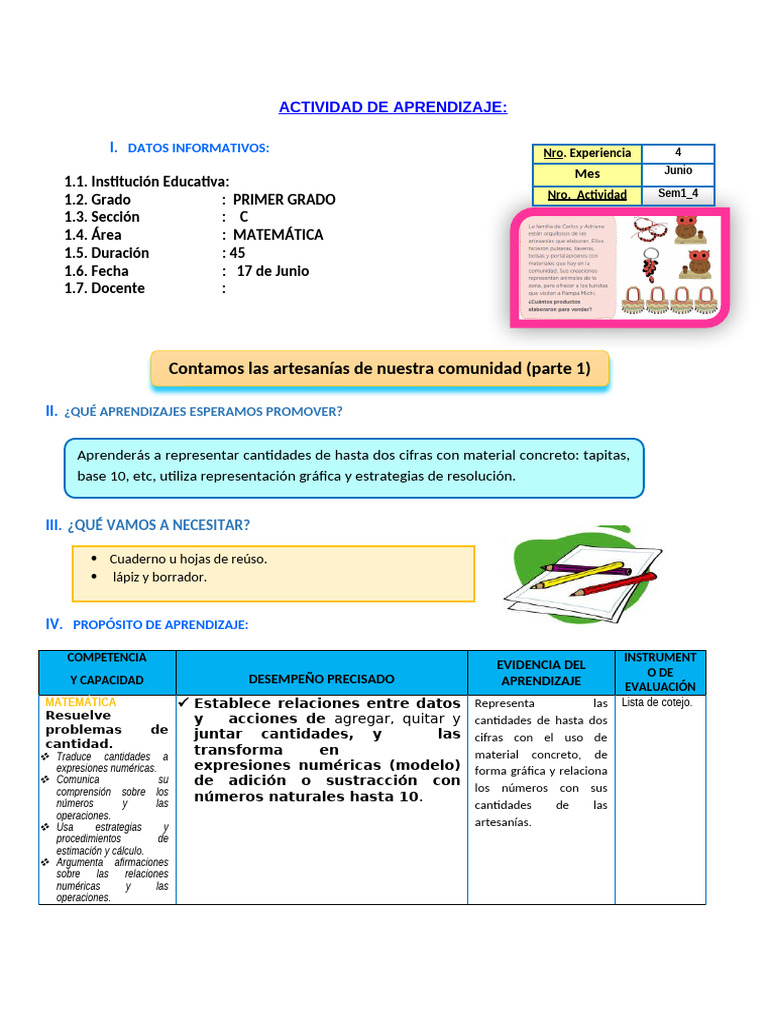4act_sem1_4exp_matemática_1ero_primaria | PDF | Aprendizaje | Cognición