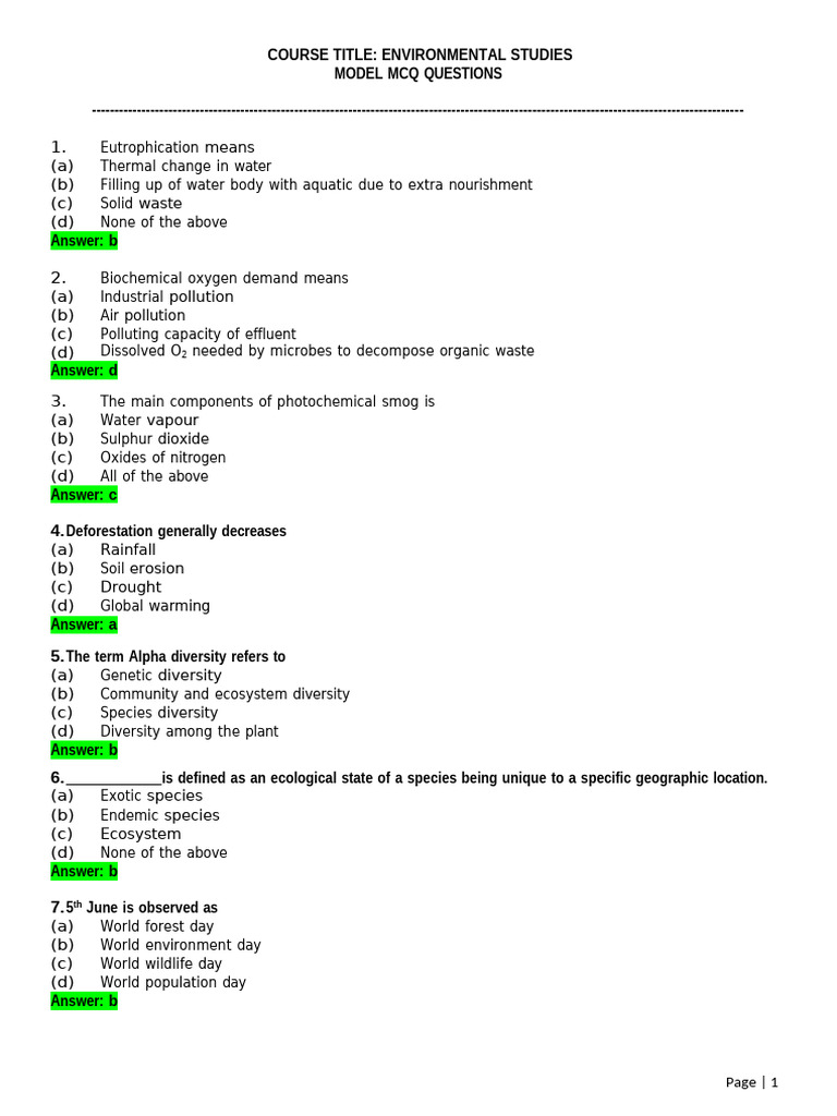 Environmental Education MCQ | PDF | Ecosystem | Climate Change