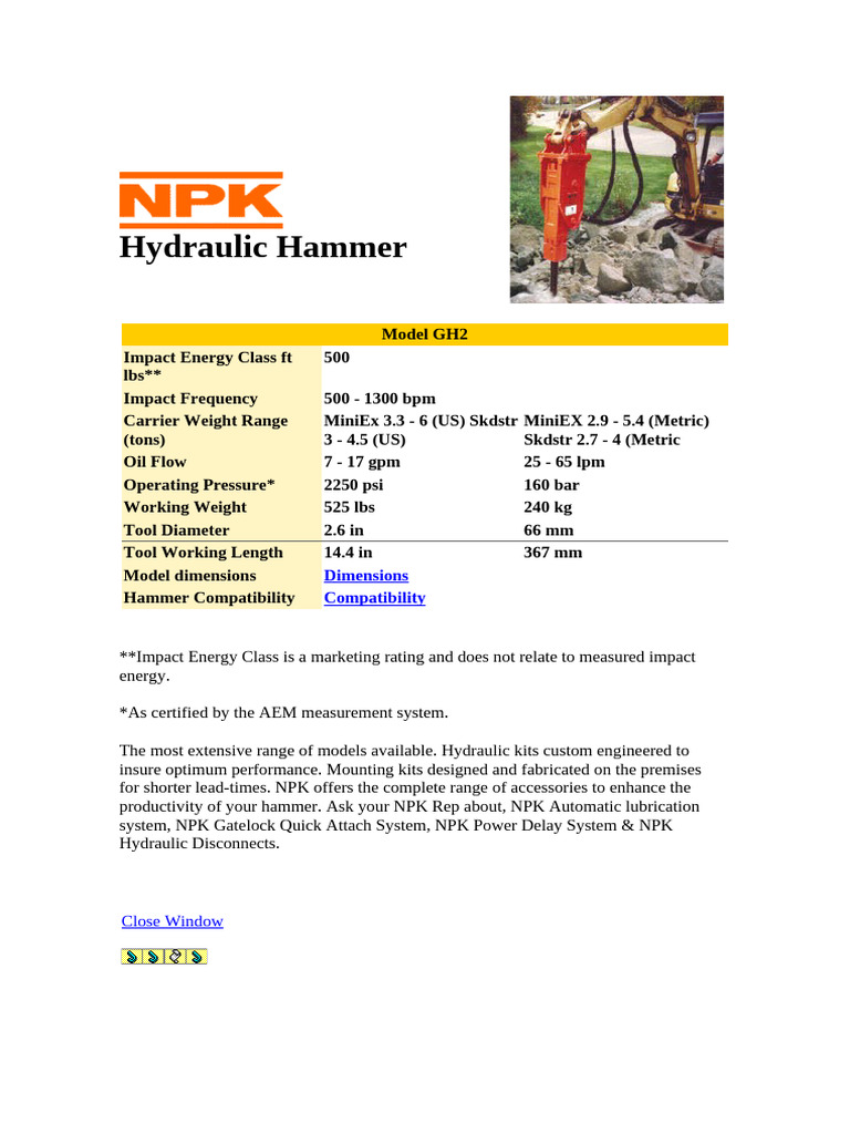 Hydraulic Hammer Model GH2 Specifications | PDF