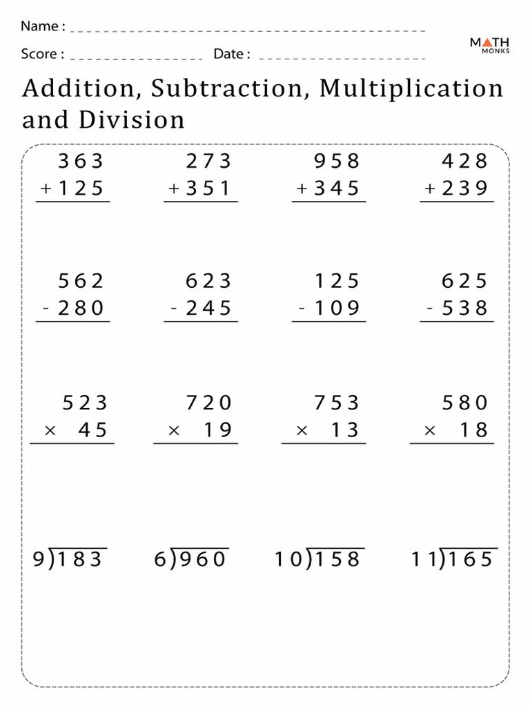 Addition Subtraction Multiplication Division Worksheets | PDF
