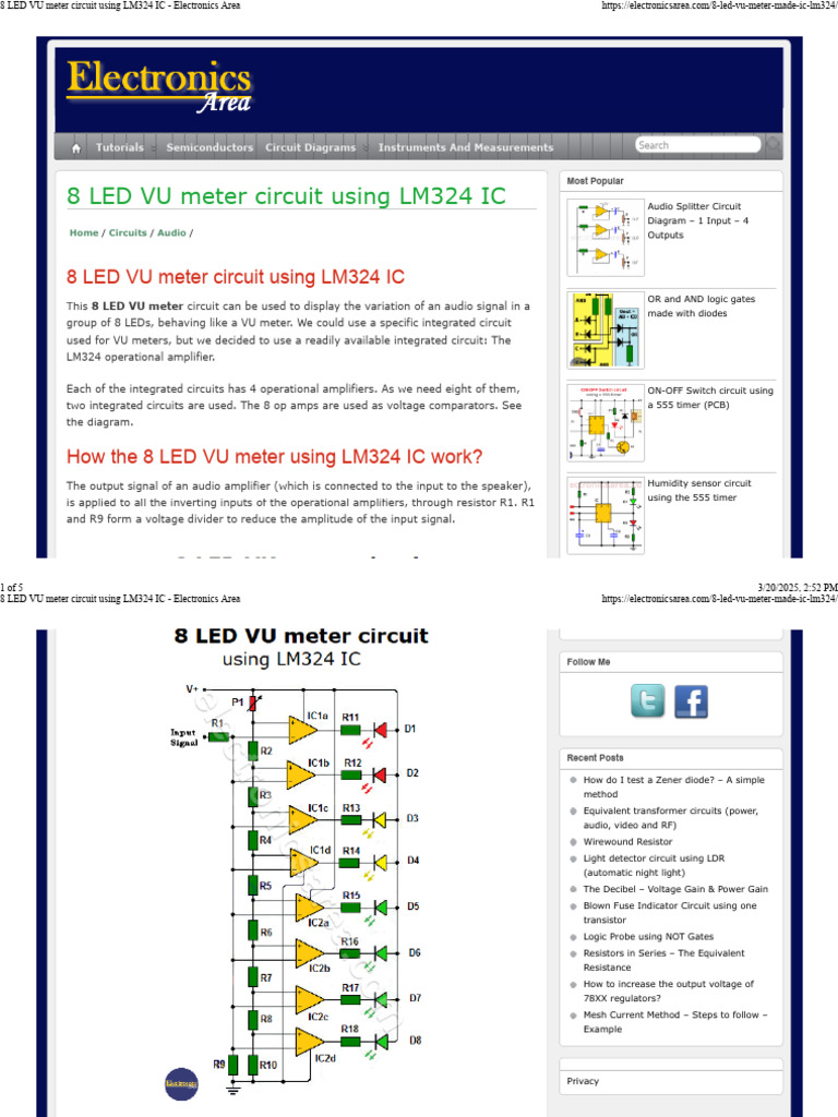8 LED VU Meter Circuit Using LM324 IC - Electronics Area | PDF | Electronic Circuits | Amplifier