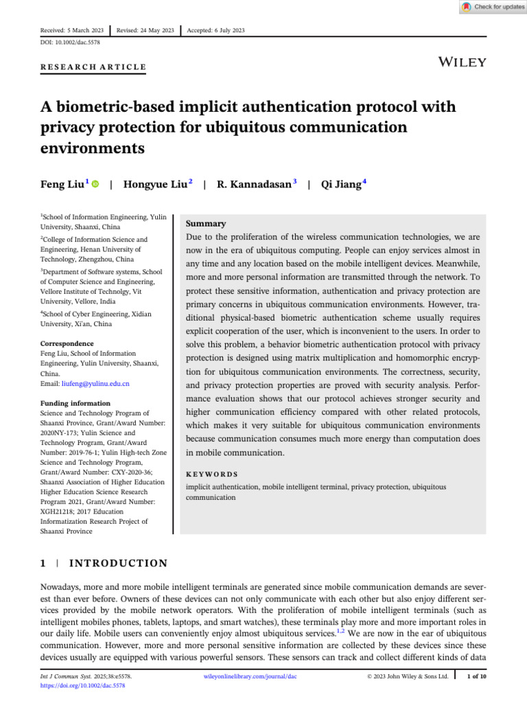 Int J Communication - 2023 - Liu - A Biometric%E2%80%90based Implicit Authentication Protocol ...