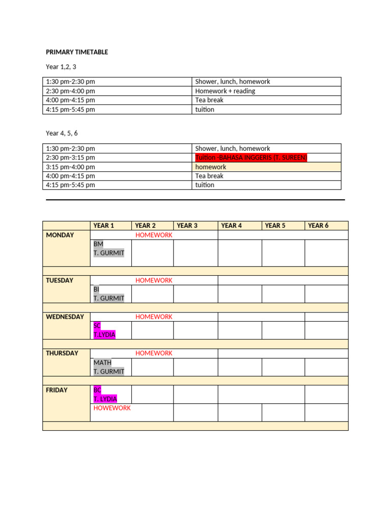 Primary Timetable 2024 Year 1 | PDF