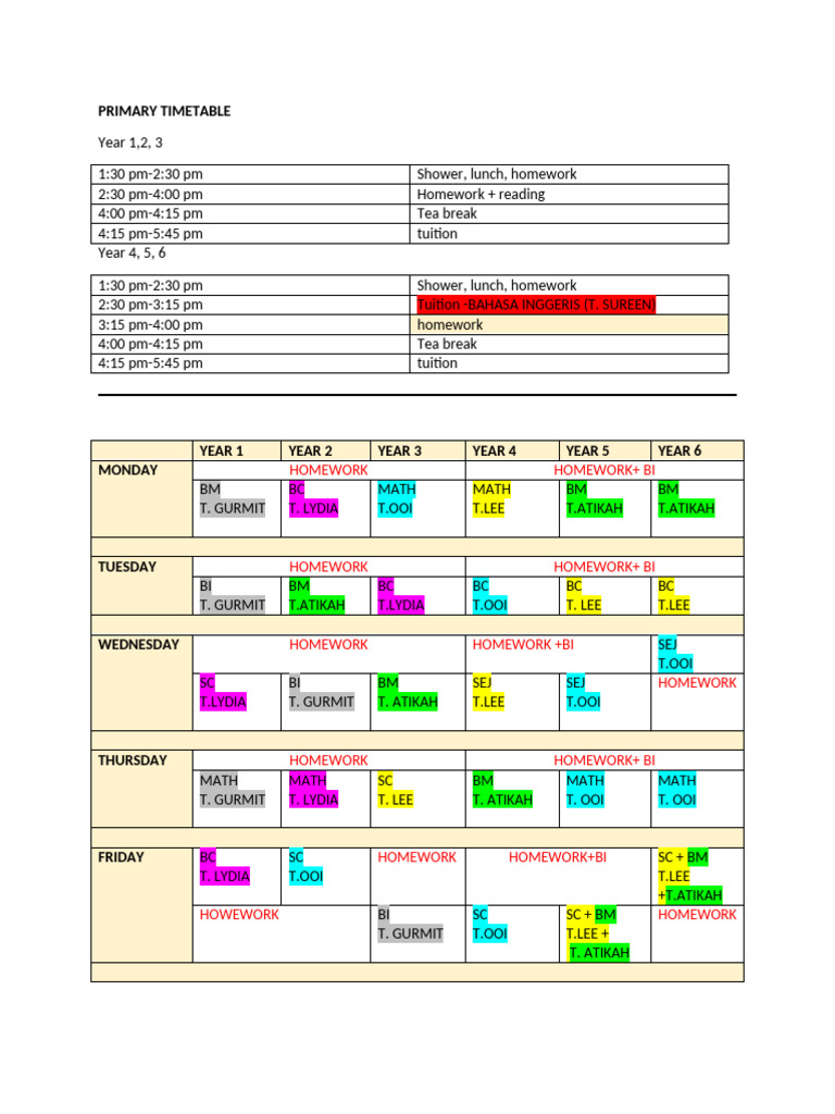 Primary Timetable 2024 Edited | PDF