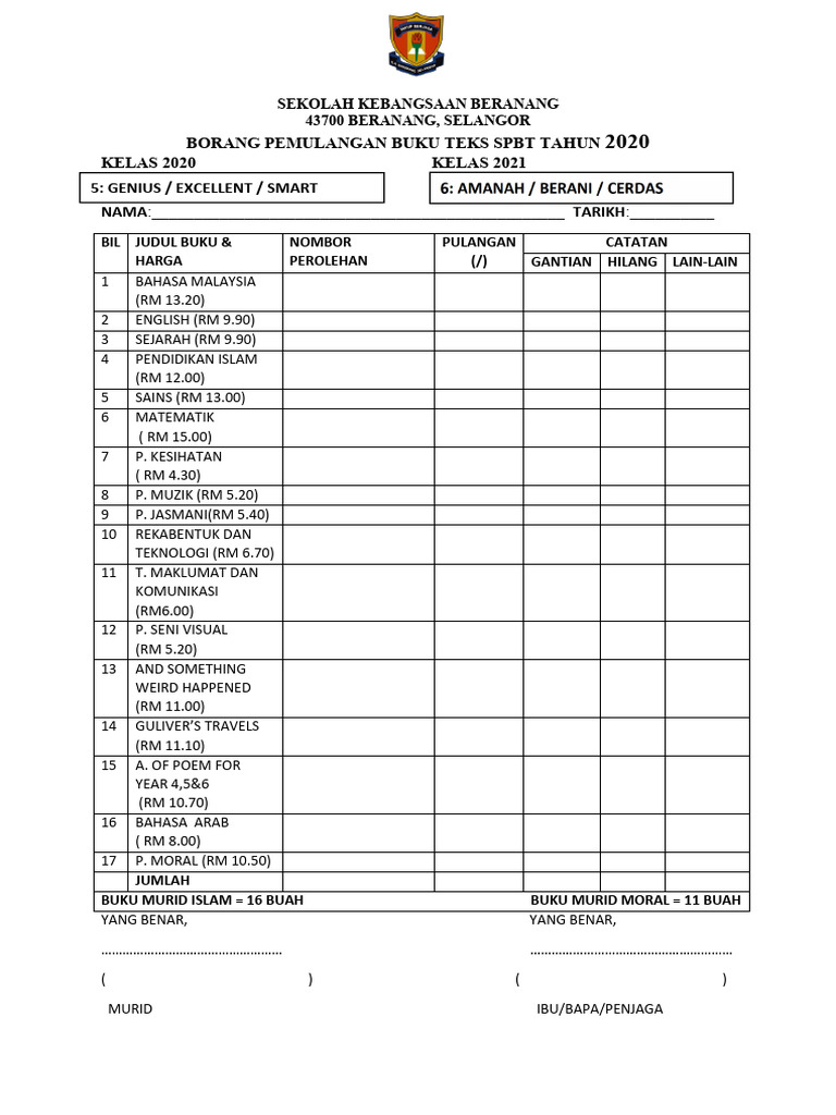 Borang Pemulangan Buku Teks Tahun 5 | PDF