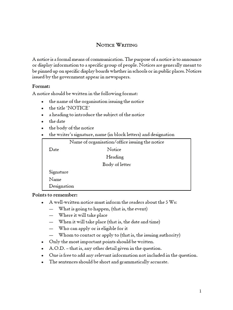 Notice Writing Format cbse | PDF | Linguistics | Grammar