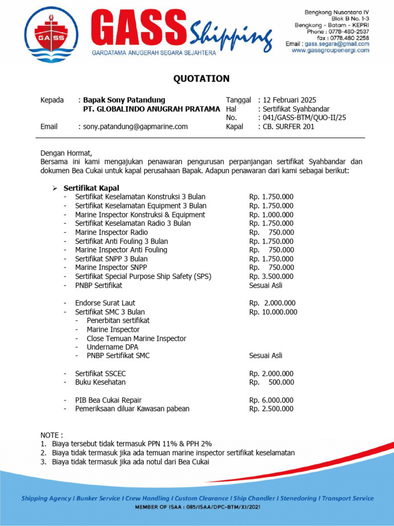 Quotation Dokumen Sertifikat CB. SURFER 201 | PDF