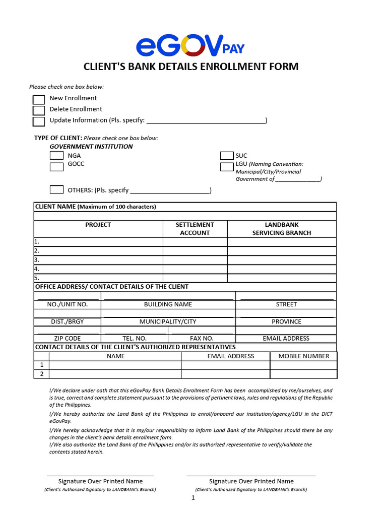 eGovPay Bank Details Enrollment Form | PDF | Signature