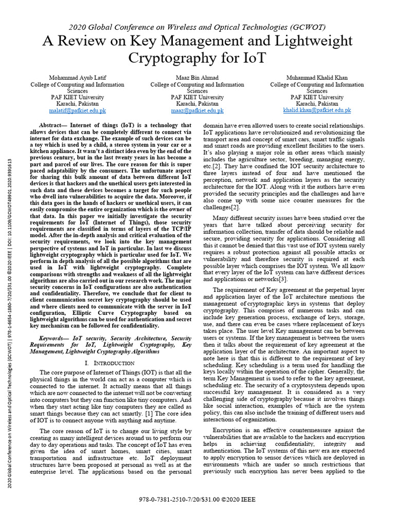 A Review On Key Management and Lightweight Cryptography For IoT | PDF ...
