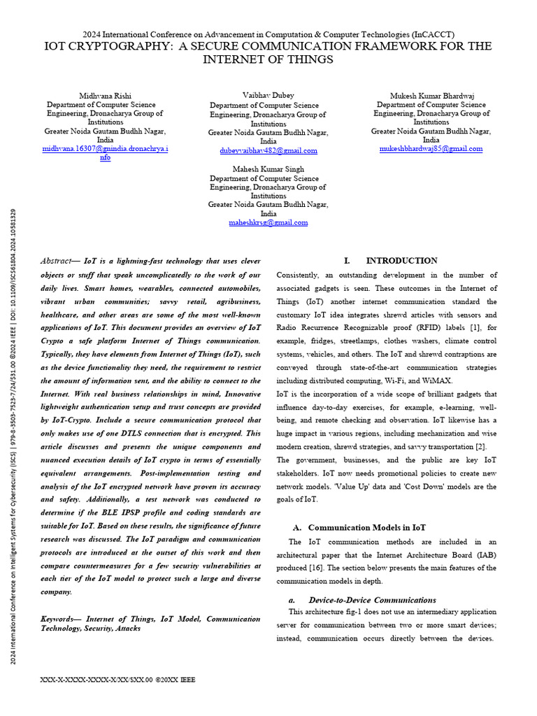 Iot Cryptography A Secure Communication Framework For The Internet Of Things Pdf Computer