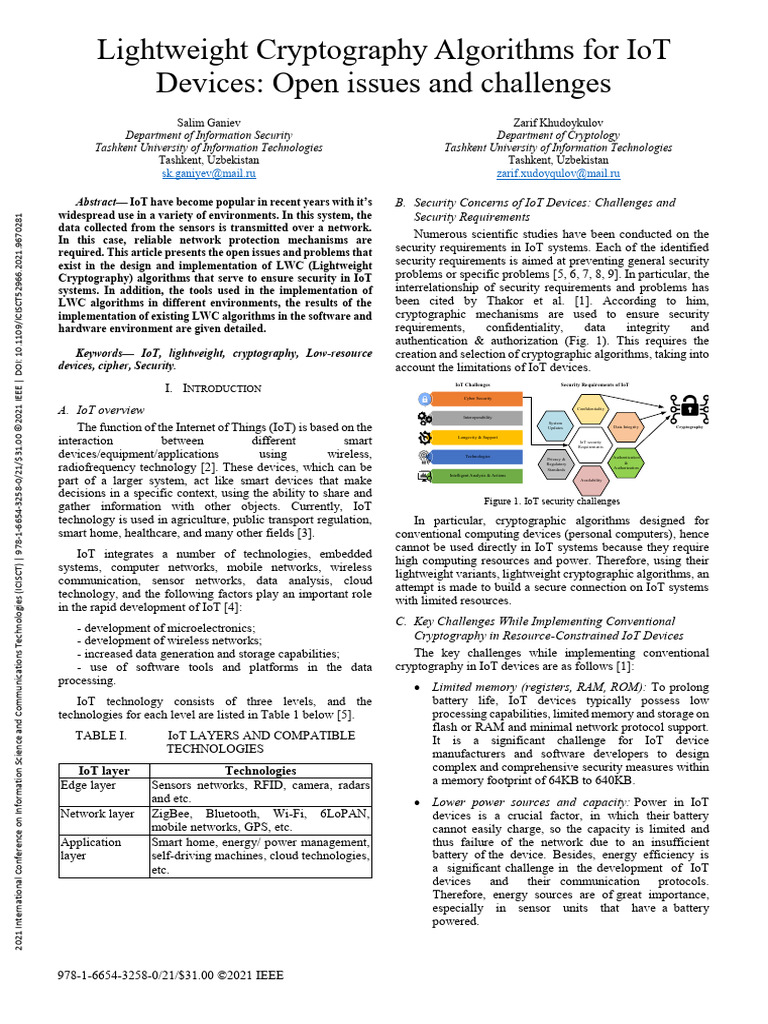 Lightweight Cryptography Algorithms For Iot Devices Open Issues And 0507