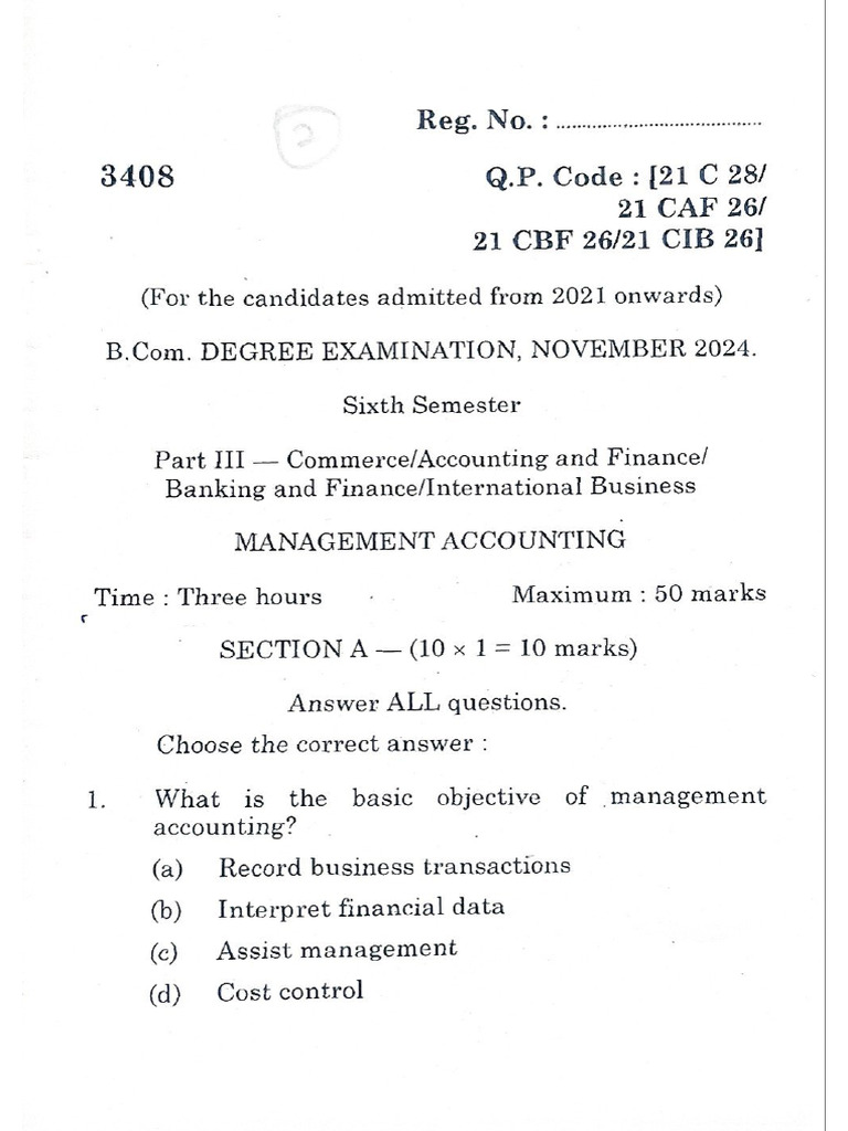 Sample Question Paper Management Accounting | PDF