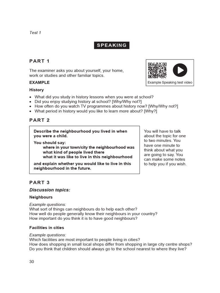 IELTS 17 Speaking Test 1 Overview | PDF