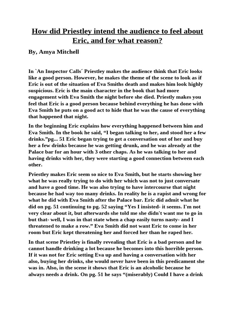 Eric's Character Analysis in An Inspector Calls | PDF