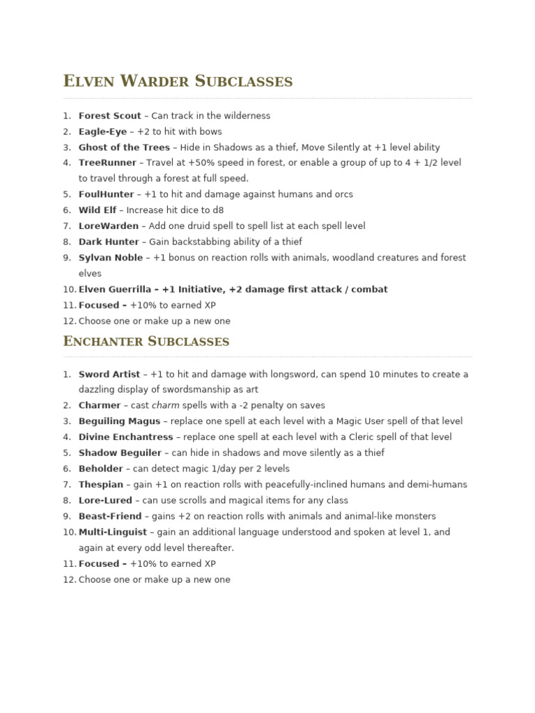 Elven Warder and Enchanter Subclasses | PDF