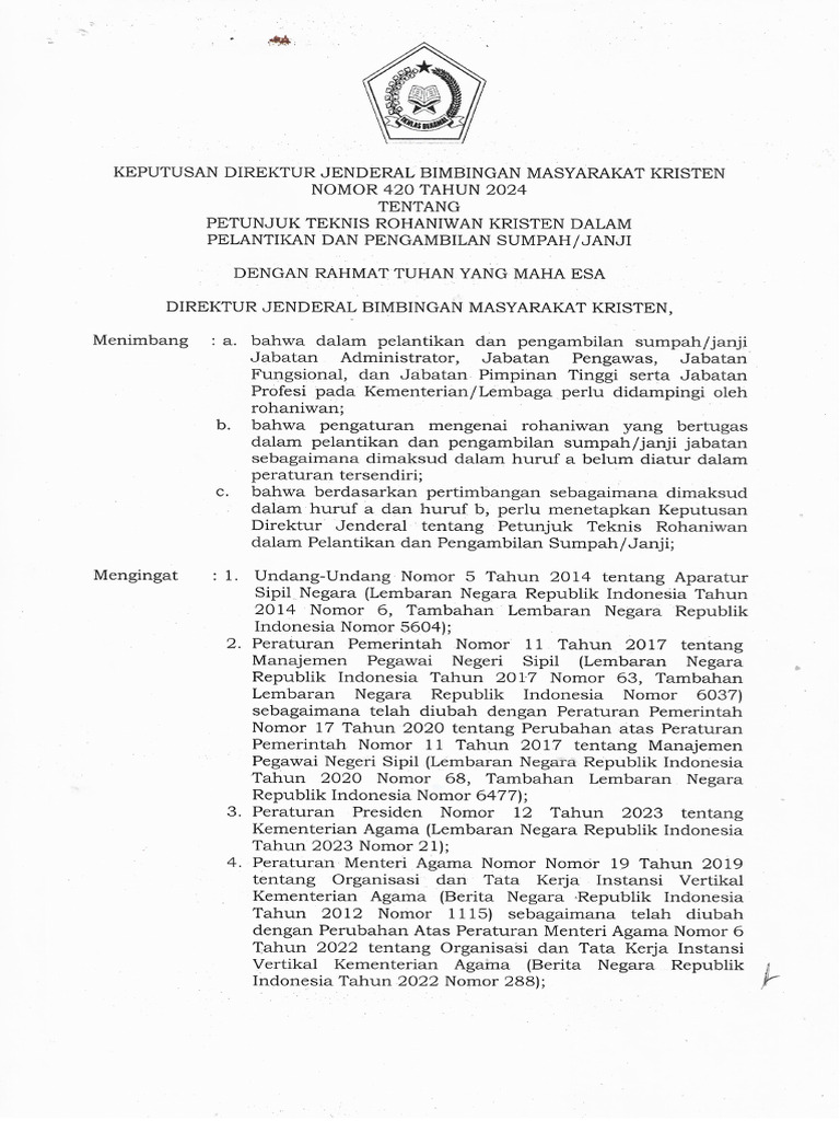3SK 420 Tahun 2024 Juknis Rohaniawan Kristen Dalam Pelantikan Dan Pengambilan Sumpah | PDF