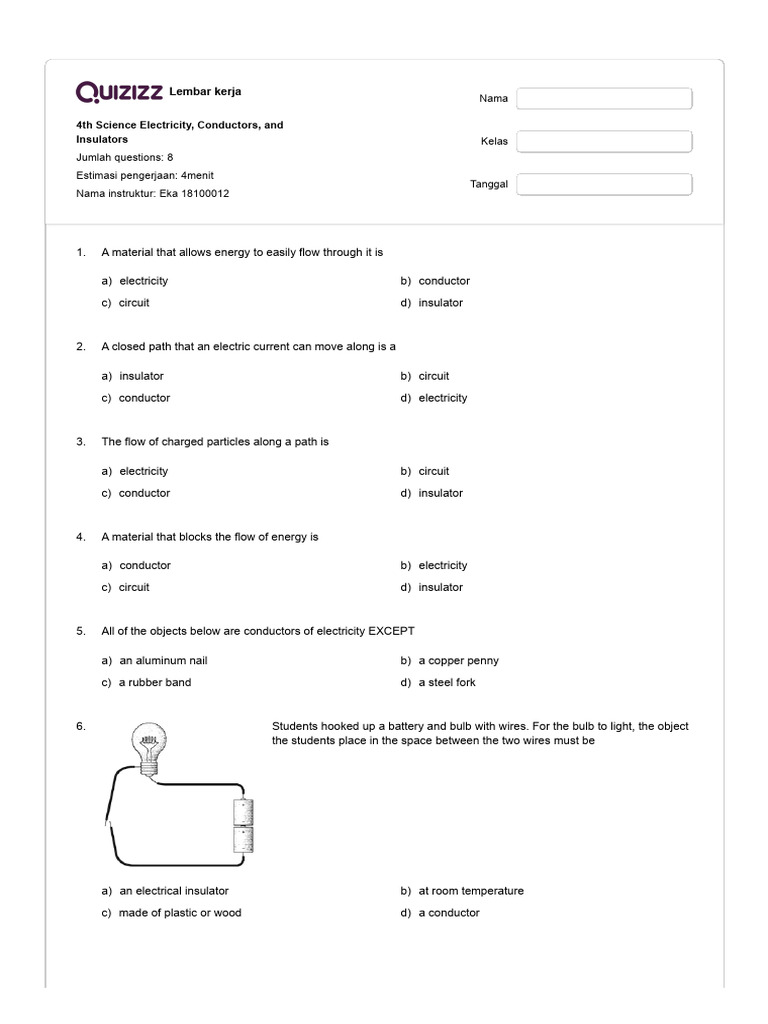 4th Science Electricity, Conductors, and Insulators | PDF | Electrical ...