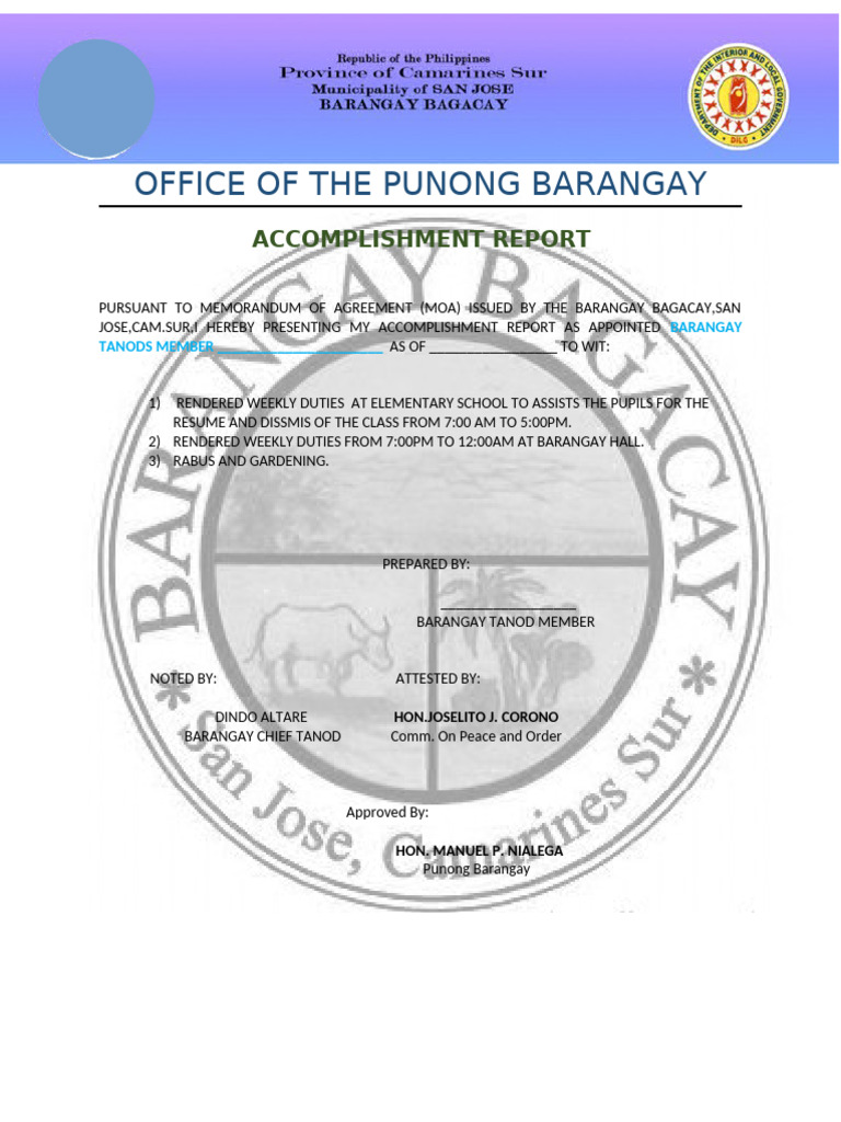Barangay Tanod Accomplishment Report | PDF