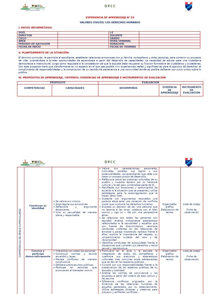 3ro Experiencia de Aprendizaje n°3 DPCC | PDF | Aprendizaje | Evaluación