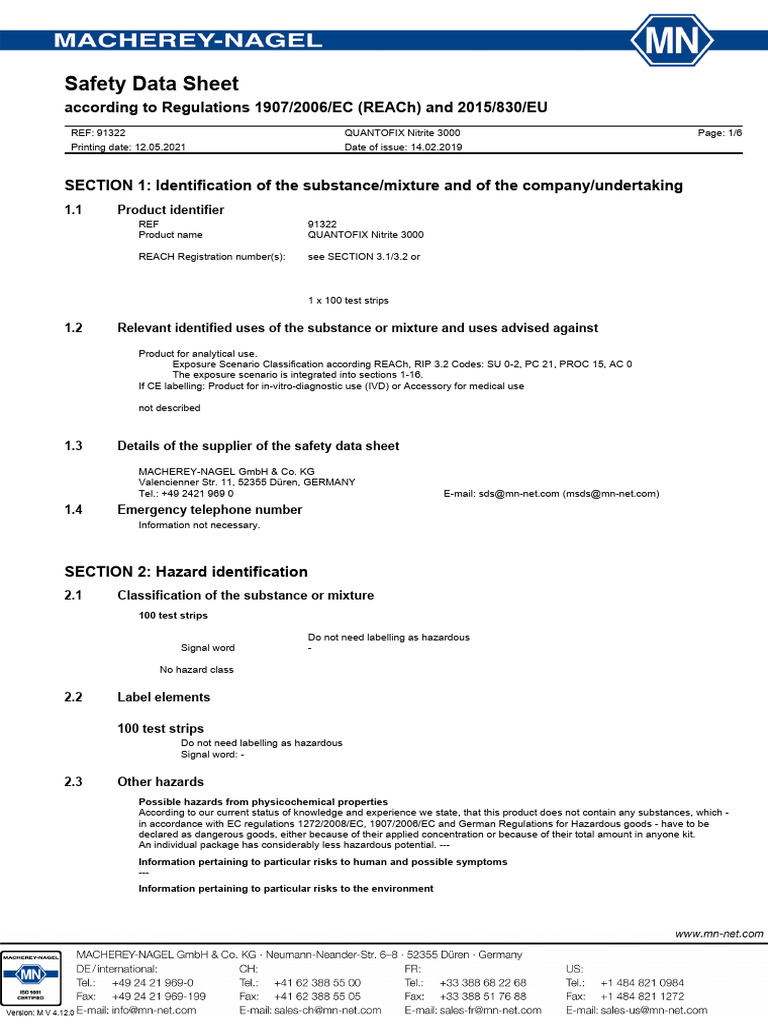 15 MSDS Quantofix Nitrite 3000 | PDF | Labor Relations | Working Conditions