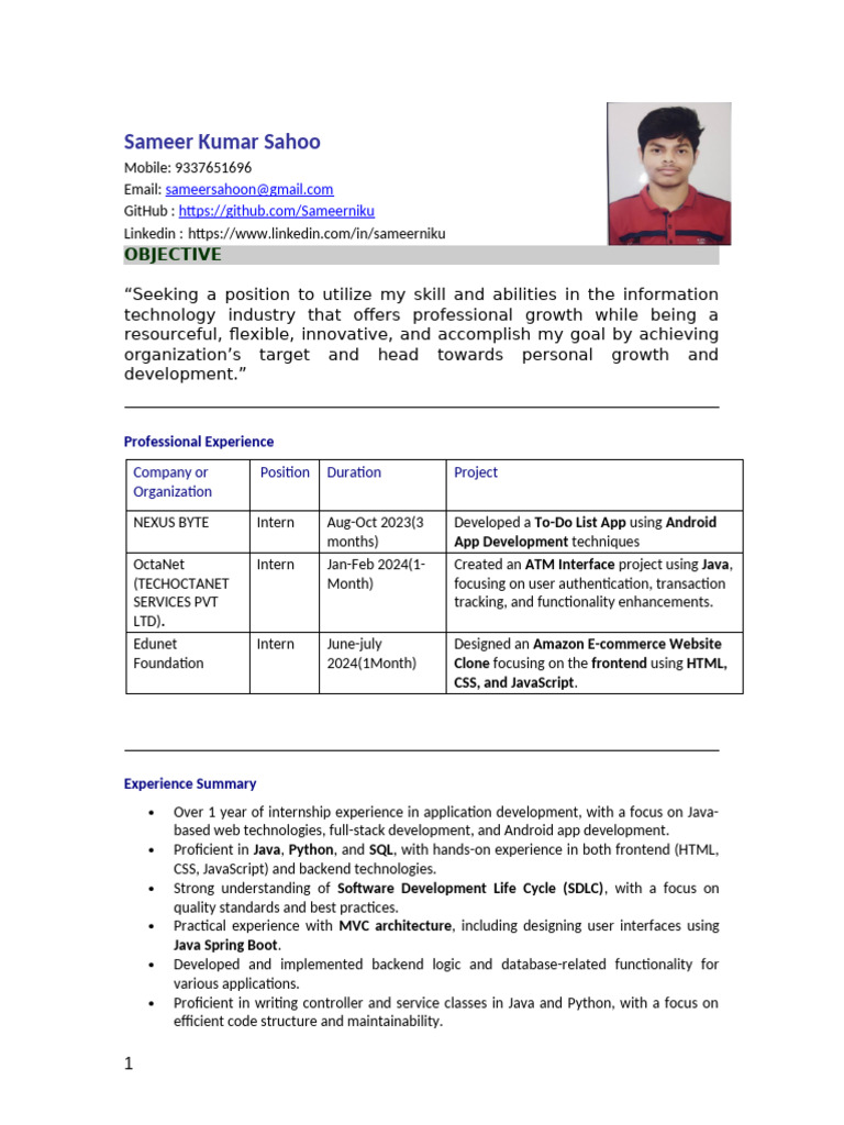 Sameer Kumar Sahoo - IT Intern Profile | PDF | Mobile App | Java ...