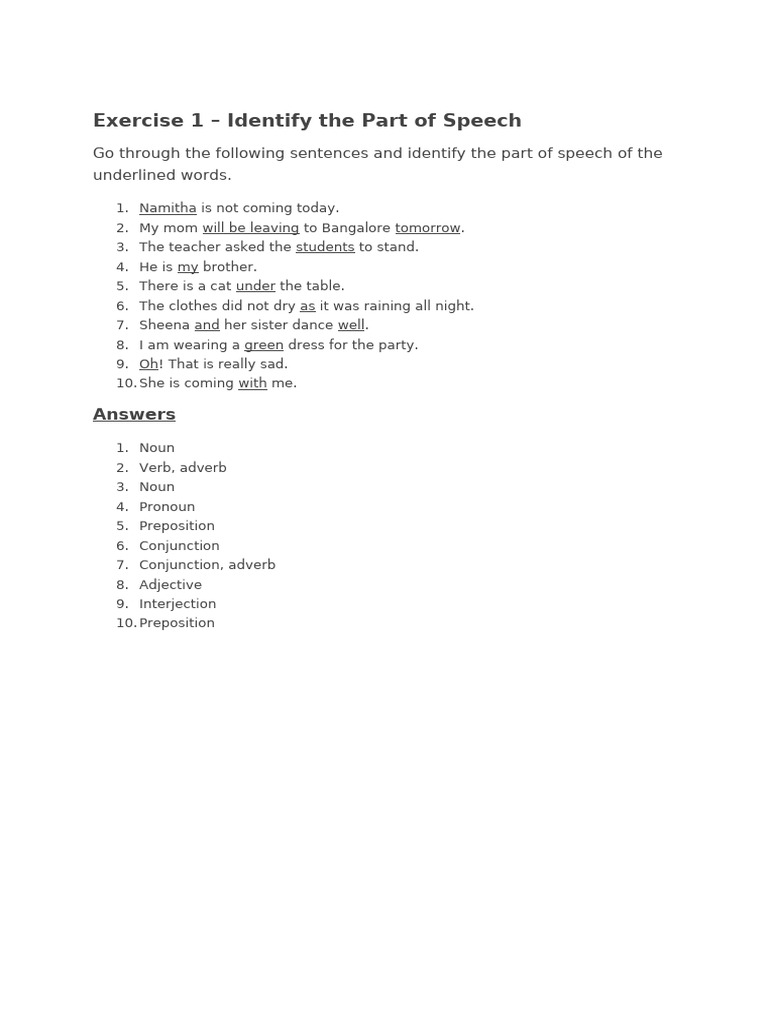 Part of Speech Exercise 1 | PDF