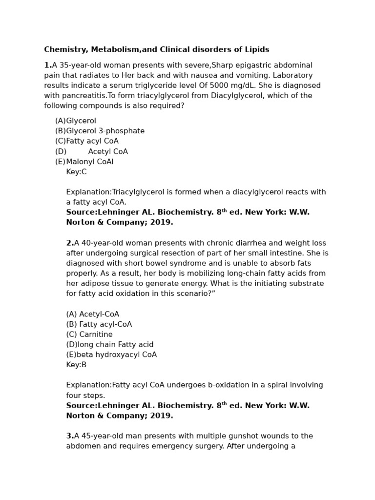 Chemistry, Metabolism, and Clinical Disorders of Lipids Mcqs.... | PDF ...
