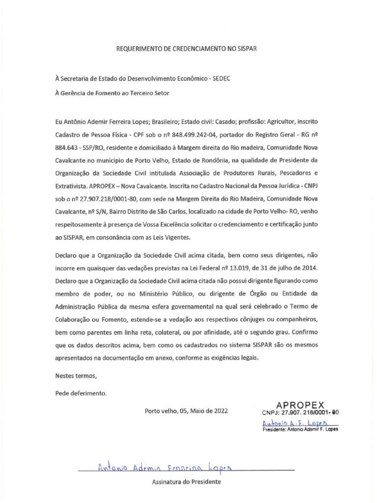 Requerimento de Credenciamento Do Sispar | PDF