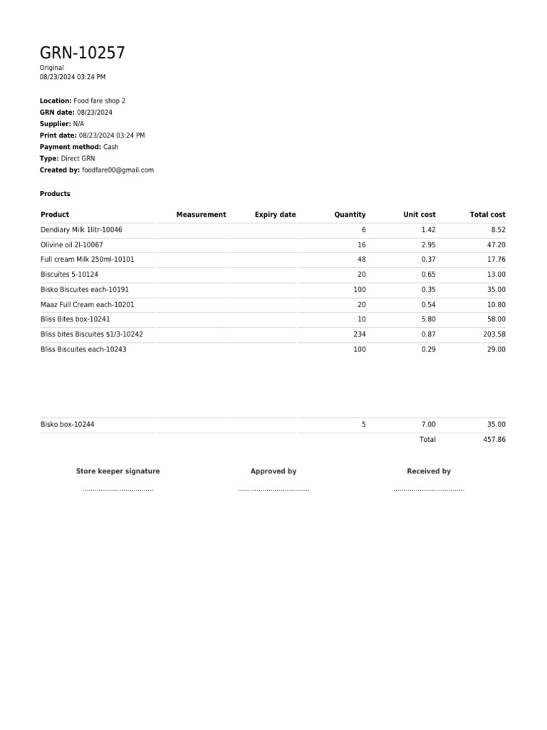 Good Received Note GRN 10257 | PDF