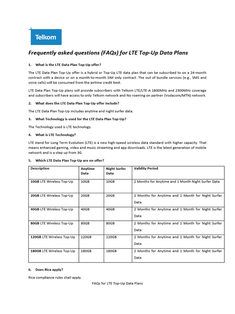 LTE Top-Up Data Plans FAQs Guide | PDF | Lte Advanced | Lte ...