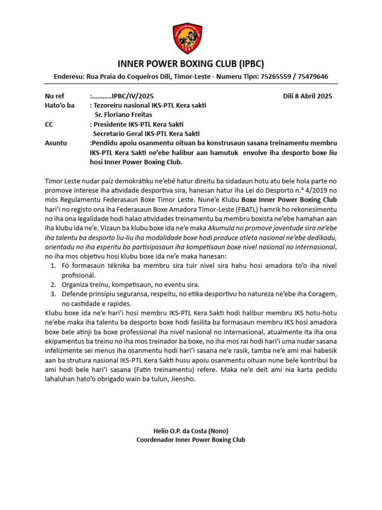 Karta Pedidu Osanmentu Ba IKS-Nasional | PDF