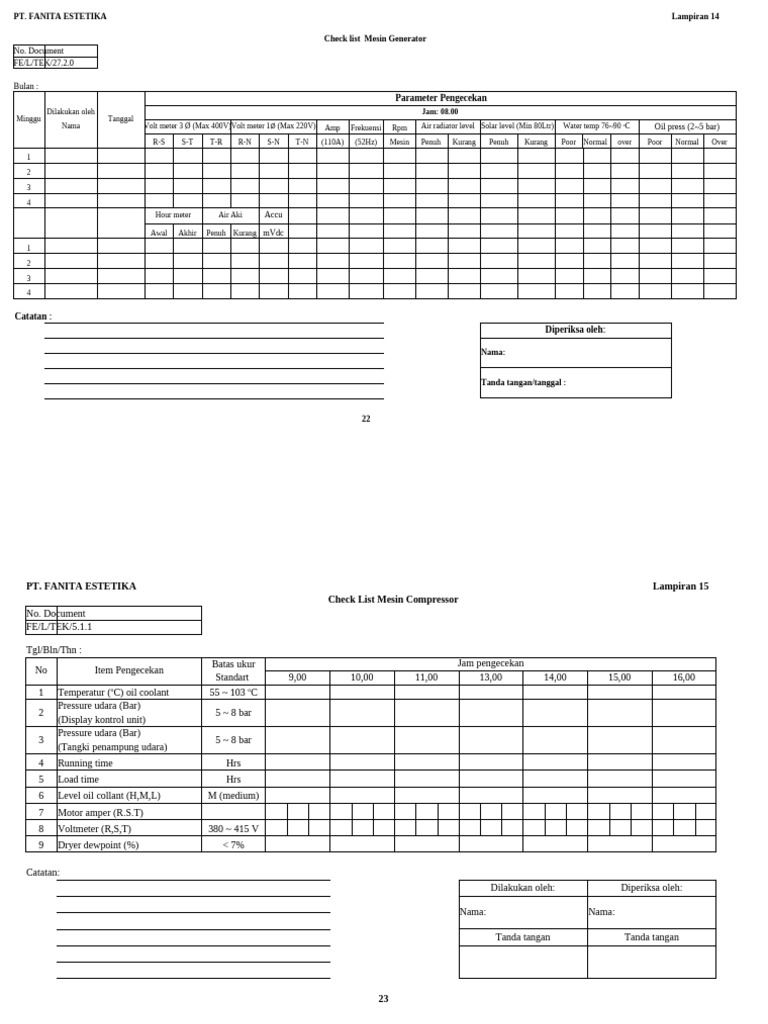 Checklist Pengecekan Mesin Industri | PDF