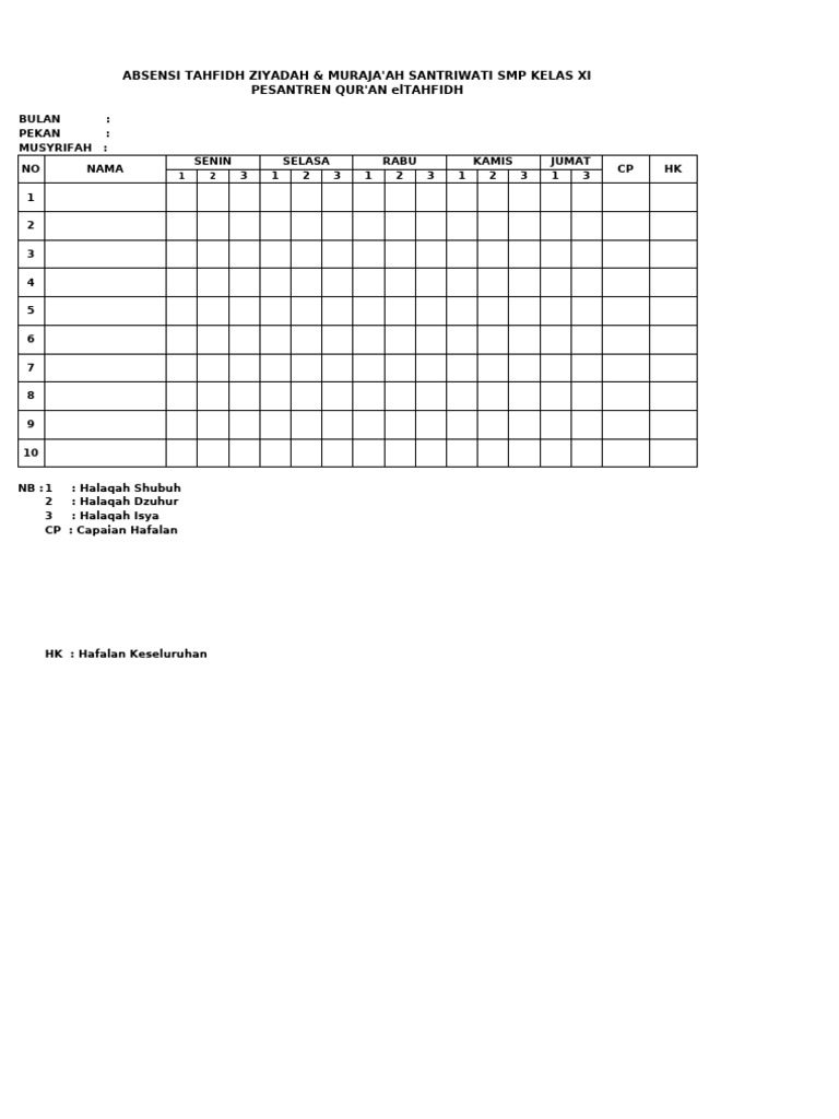 Form Absensi Tahfidh SMPQ | PDF