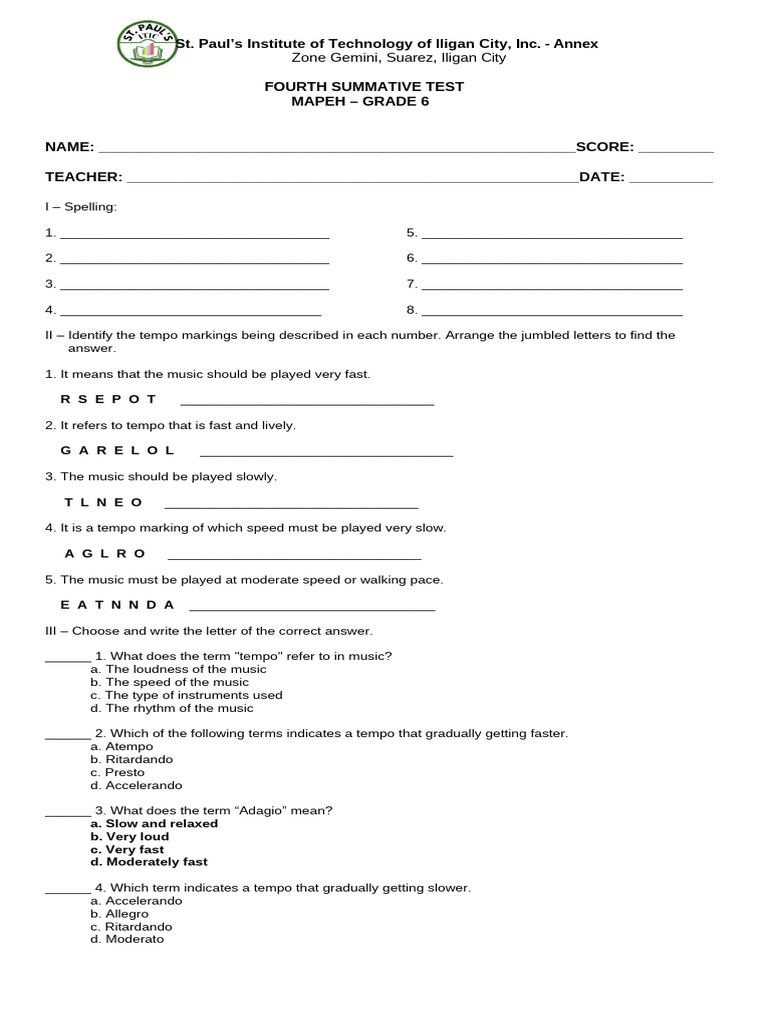 Mapeh Grade 6 4TH Summative | PDF | Tempo | Poetics