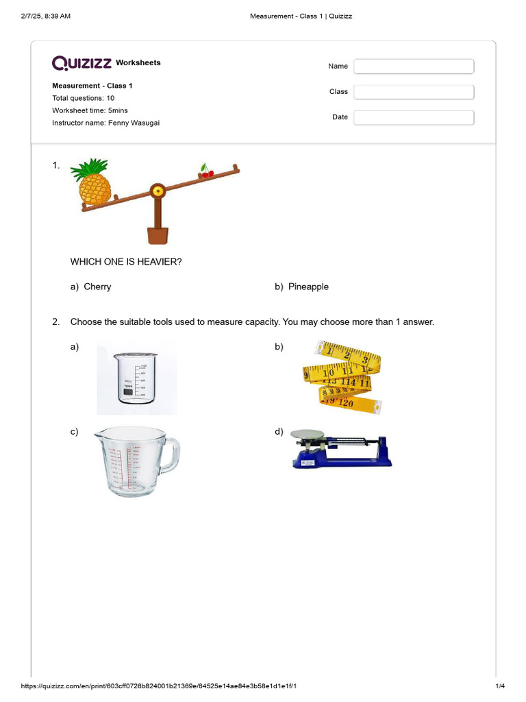 Quizizz Measurement Class 1 | PDF