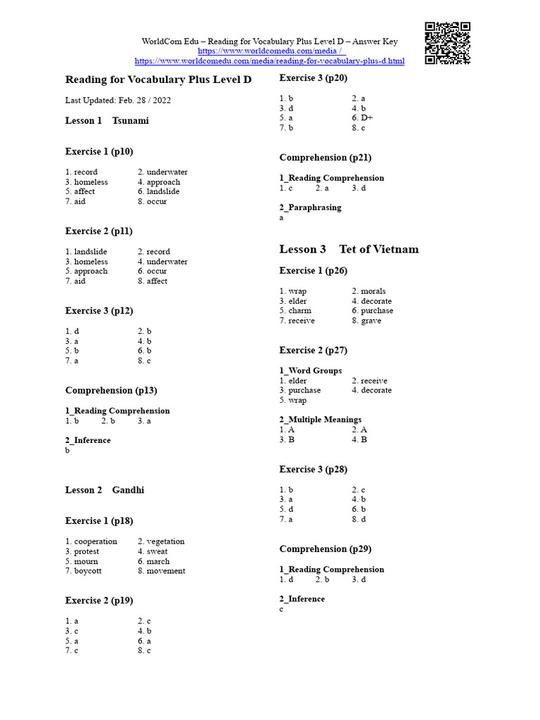 WorldCom Edu Vocabulary Plus D Answer Key | PDF