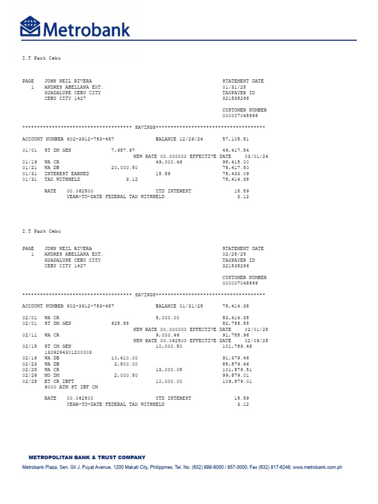 Metrobank Statement and Certificate Sample | PDF | Private Sector ...