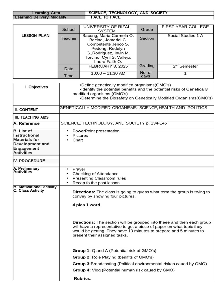 Group 1 Lesson Plan 12 1 (2) | PDF | Genetically Modified Organism ...