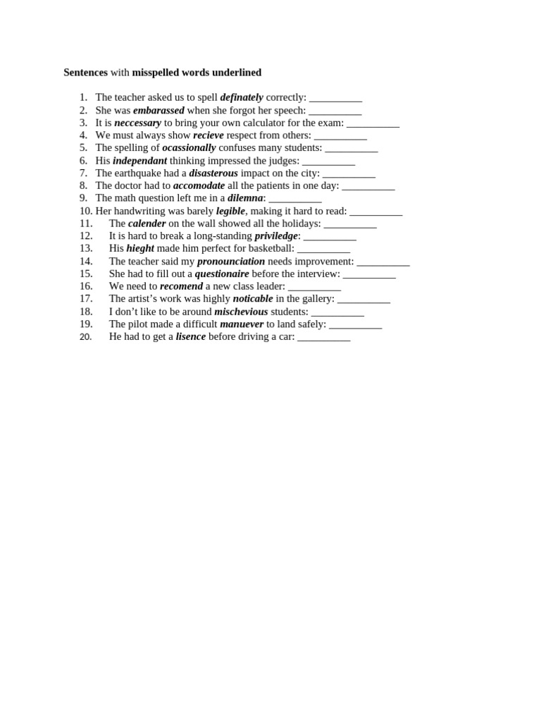 Sentences with misspelled words underlined | PDF