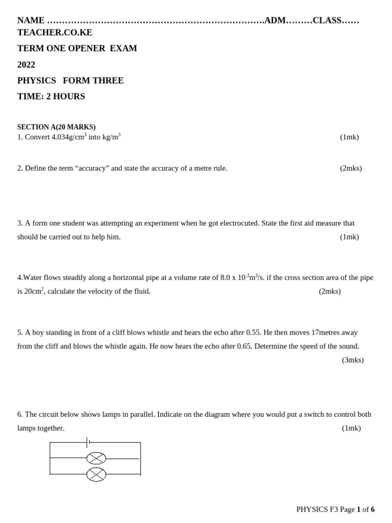 Physics Form 3 Term 1 Opener 2022 QN | PDF | Waves | Polarization (Waves)