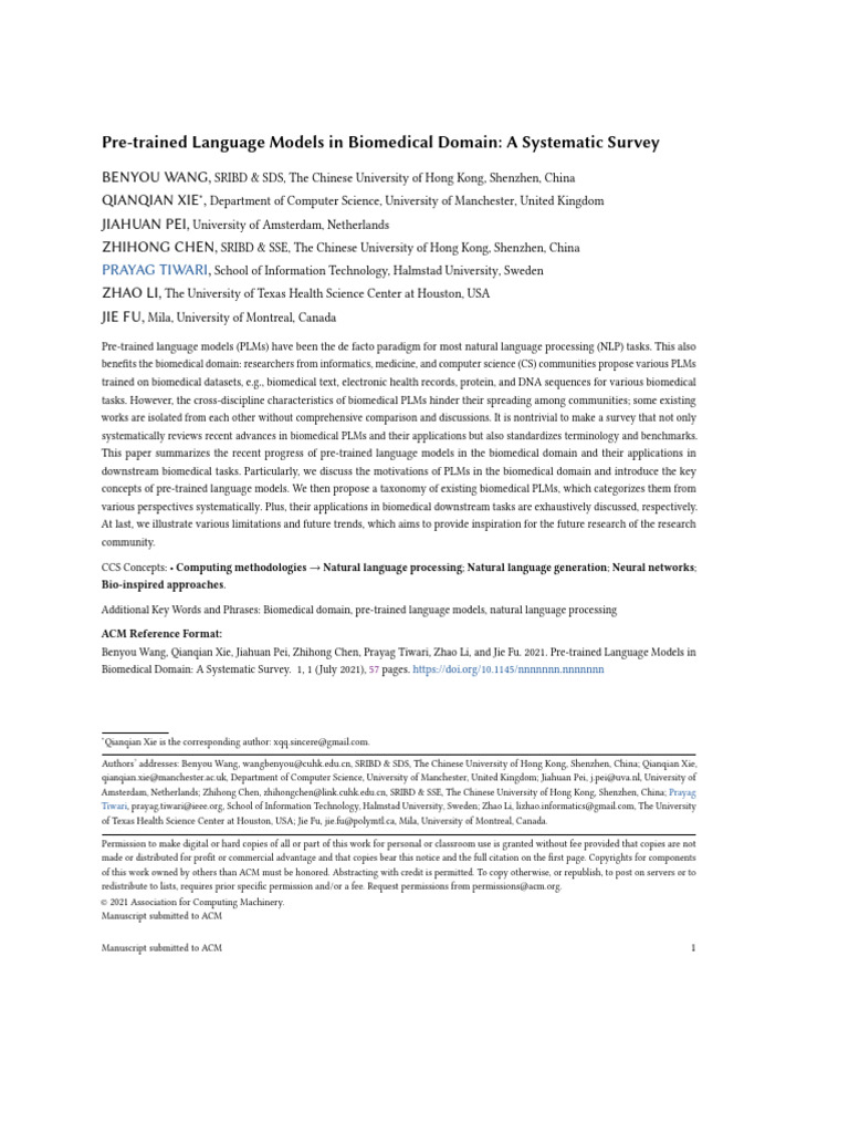 Pre-Trained Language Models in Biomedical Domain: A Systematic Survey | PDF | Cognitive Science ...