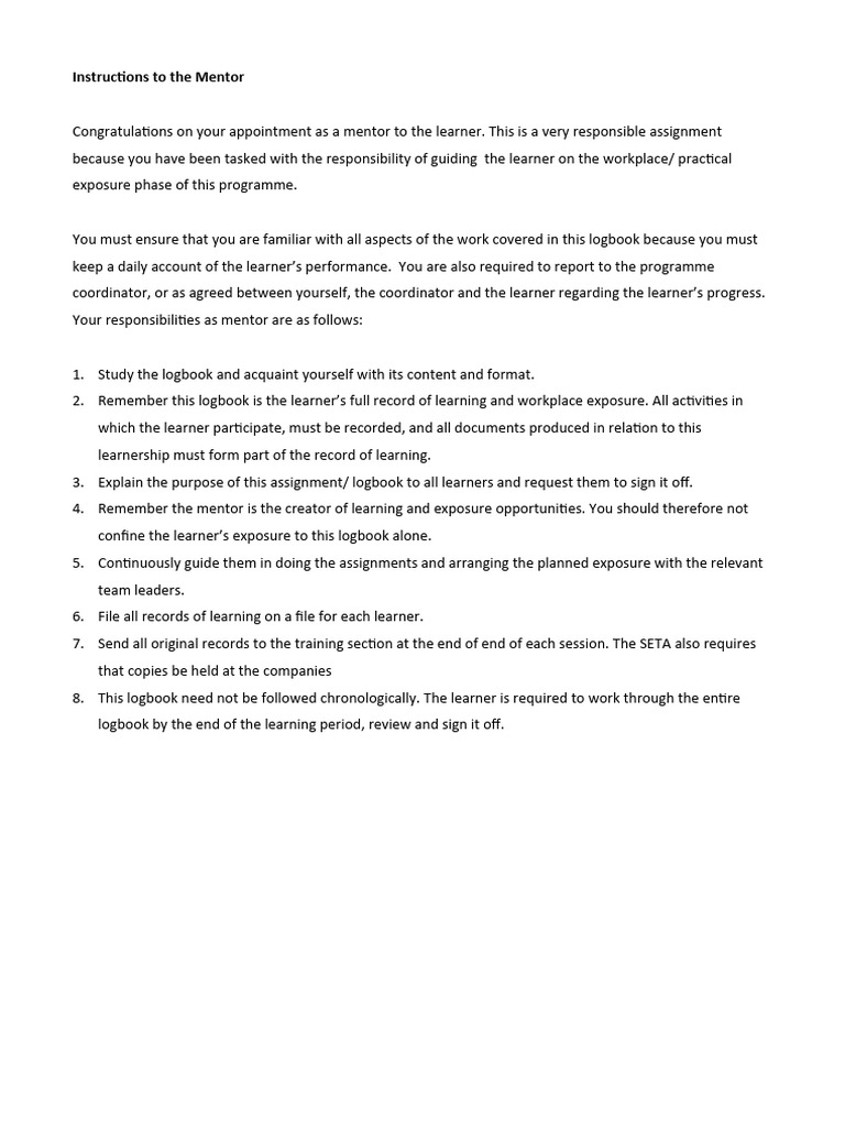 Instructions To The Mentor | PDF | Mentorship | Learning
