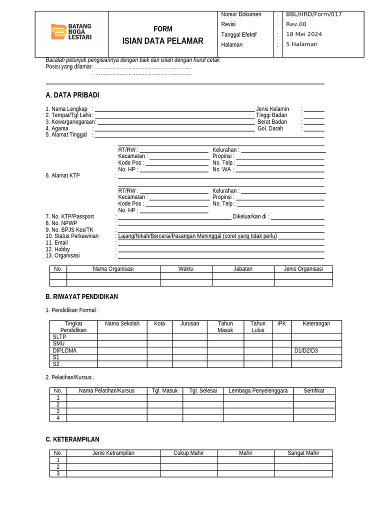 Formulir Isian Data Diri Pelamar PT Batang Boga Lestari (1) | PDF