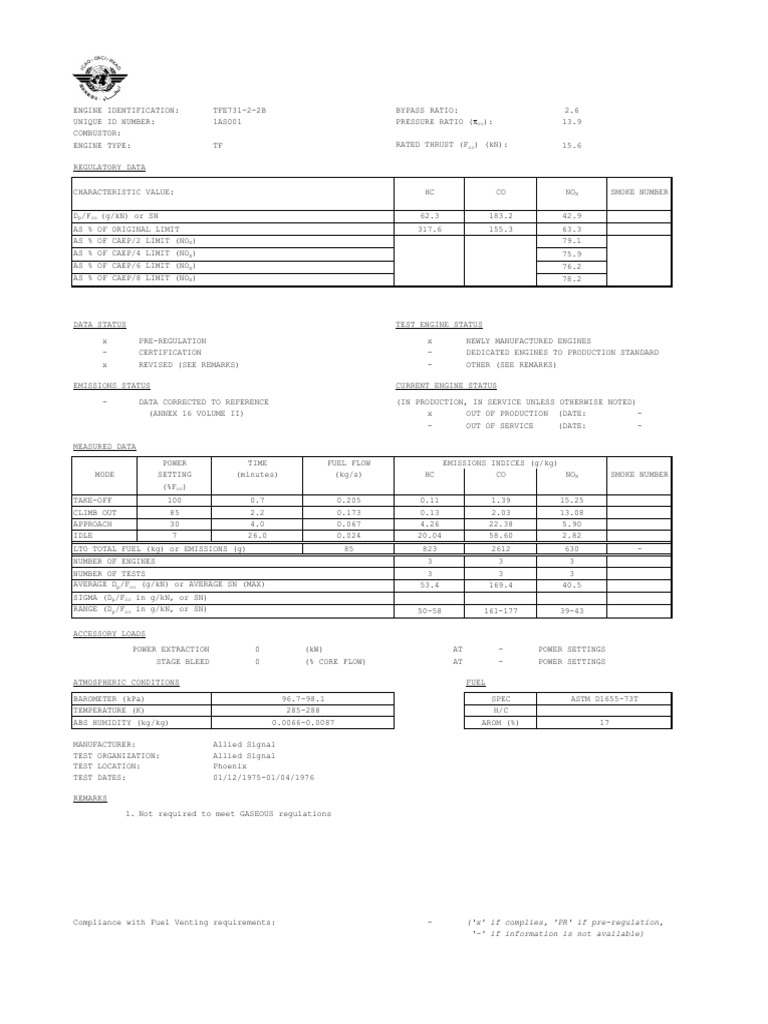 TFE731-2-2B Emissions Data Summary | PDF | Mechanical Engineering ...