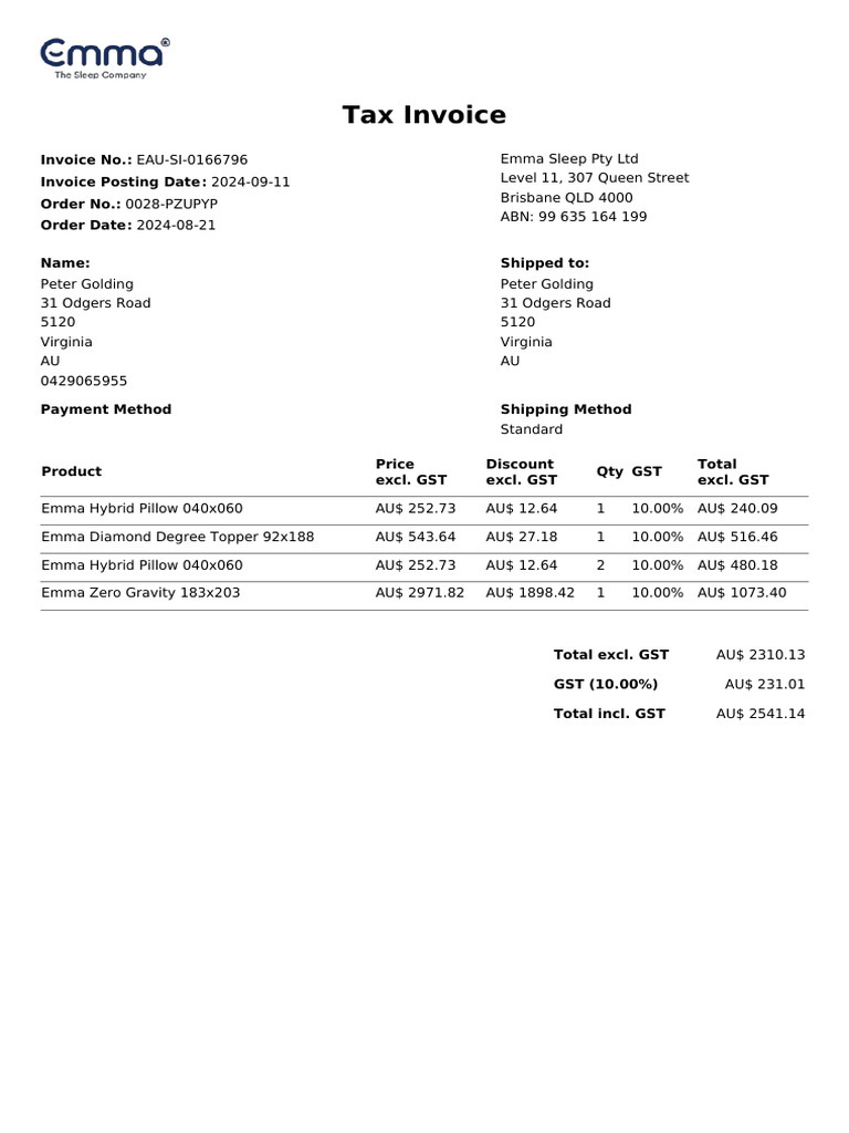 Emma Sleep Invoice EAU-SI-0166796 | PDF