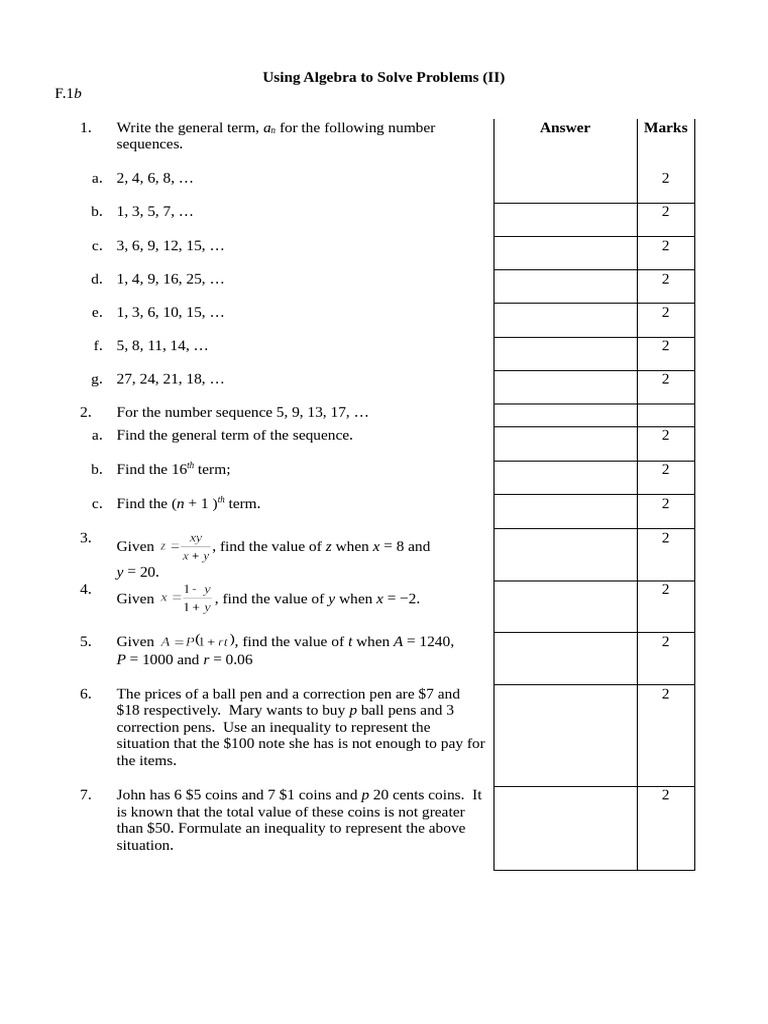 F.1 Mathematics - 1b Using Algebra To Solve Problems II | PDF ...
