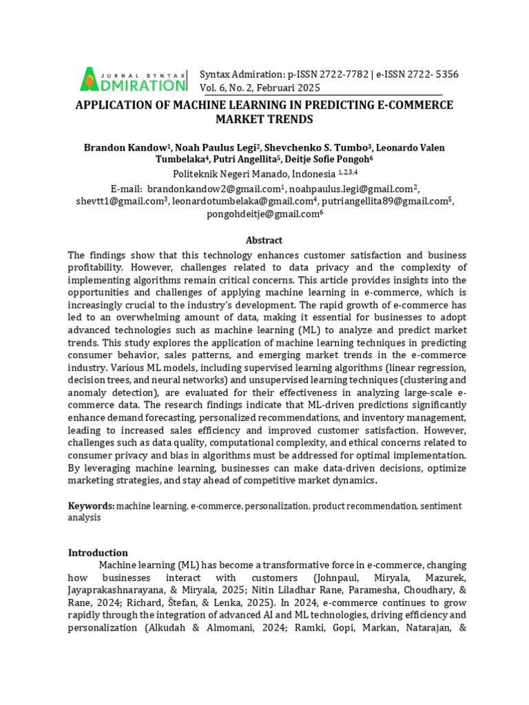 Application of Machine Learning in Predicting E-Commerce | PDF | Machine Learning | E Commerce