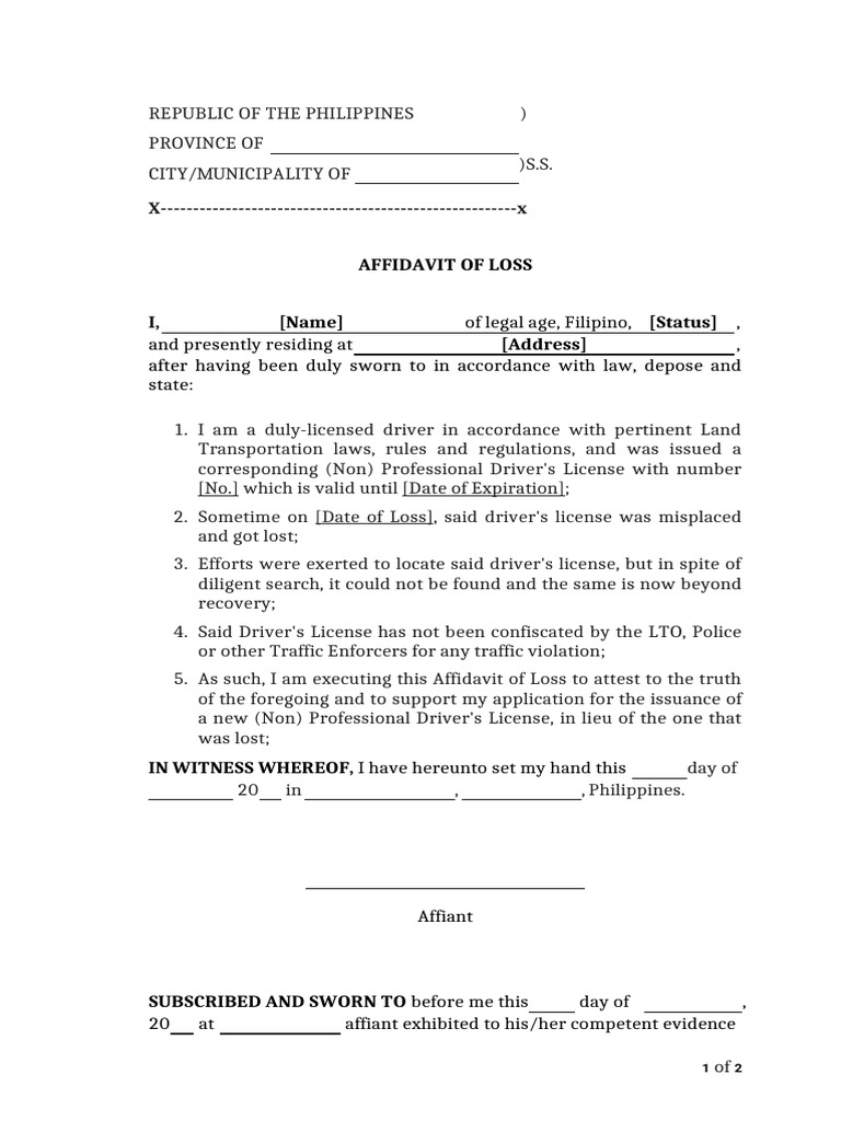 Loss of Driver's License, Affidavit of | PDF